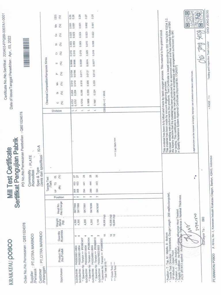 Mill Certificate BKI | PDF
