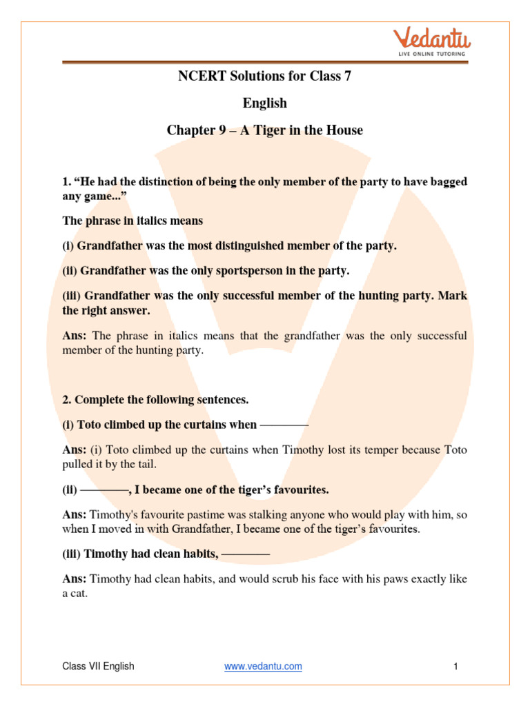 NCERT Solutions For Class 7 English Chapter 9 - A Tiger in The House ...