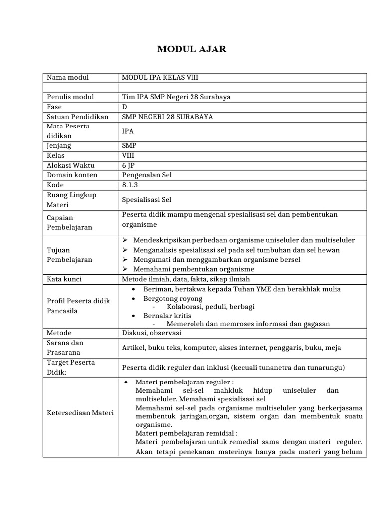 MODUL AJAR 2023 (Spesialisasi Sel) | PDF