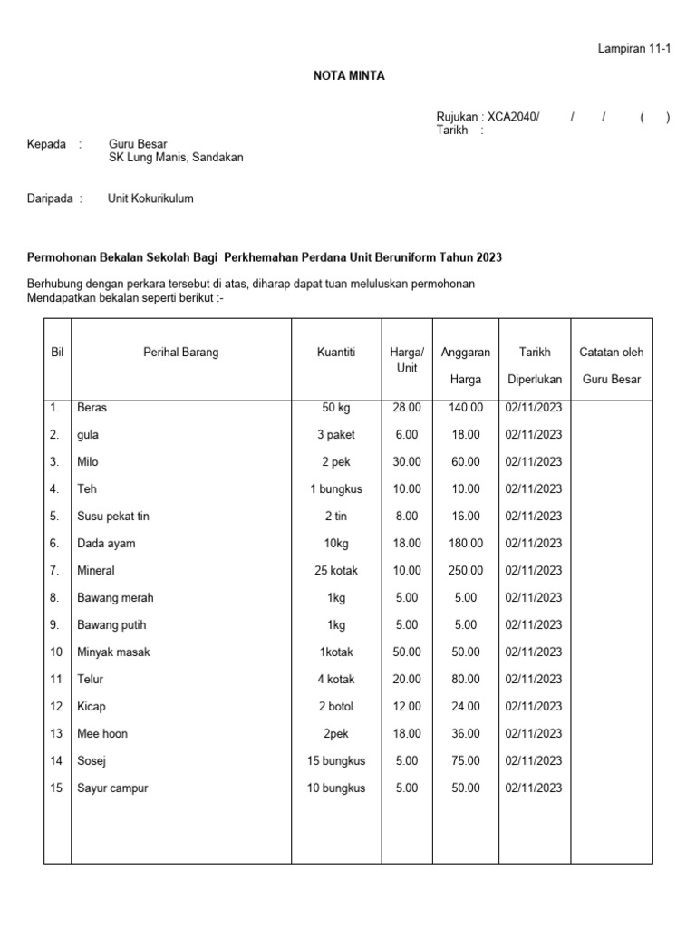 NOTA MINTA PERKHEMAHAN MAKANAN - Docx PEMBEKAL LUAR | PDF