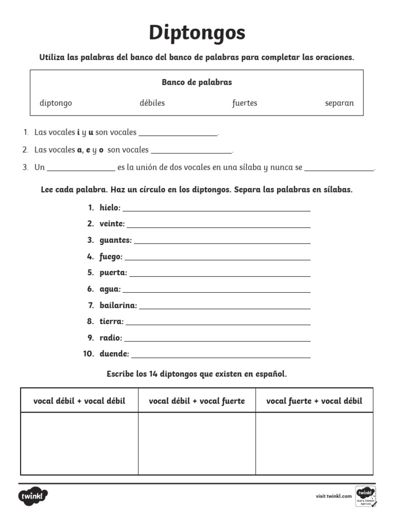 Actividades sobre Diptongos para Niños | PDF | Artes del Lenguaje y ...
