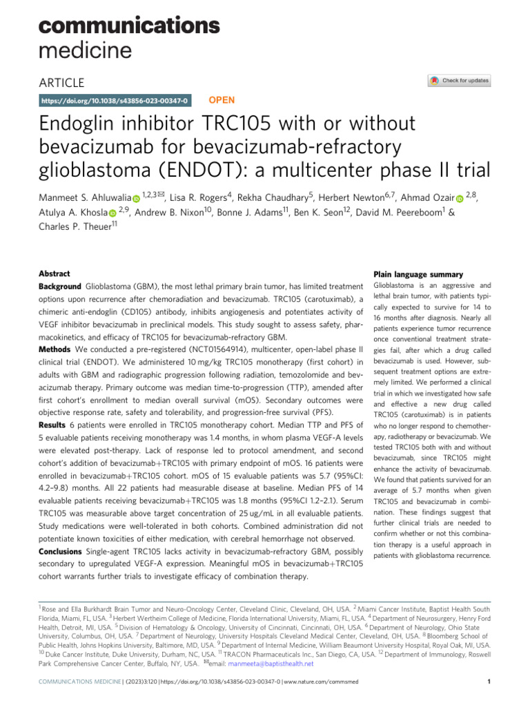 Endoglin Inhibitor TRC105 With or Without Bevacizumab For Bevacizumab ...