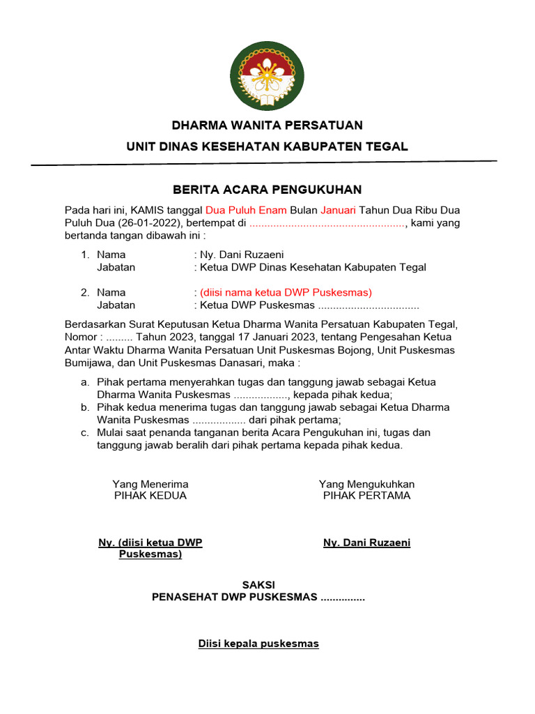 Berita Acara Pengukuhan DWP Unit | PDF | Kesehatan Holistik