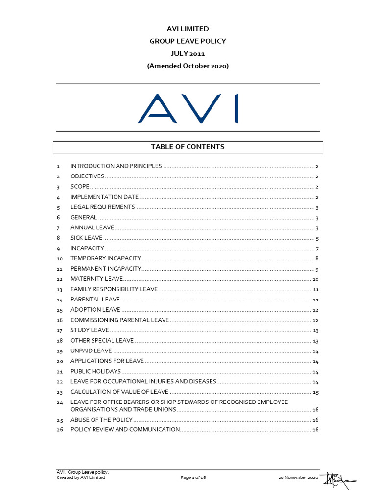 AVI Group Leave Policy Revised October 2020 | PDF | Employment | Parental Leave