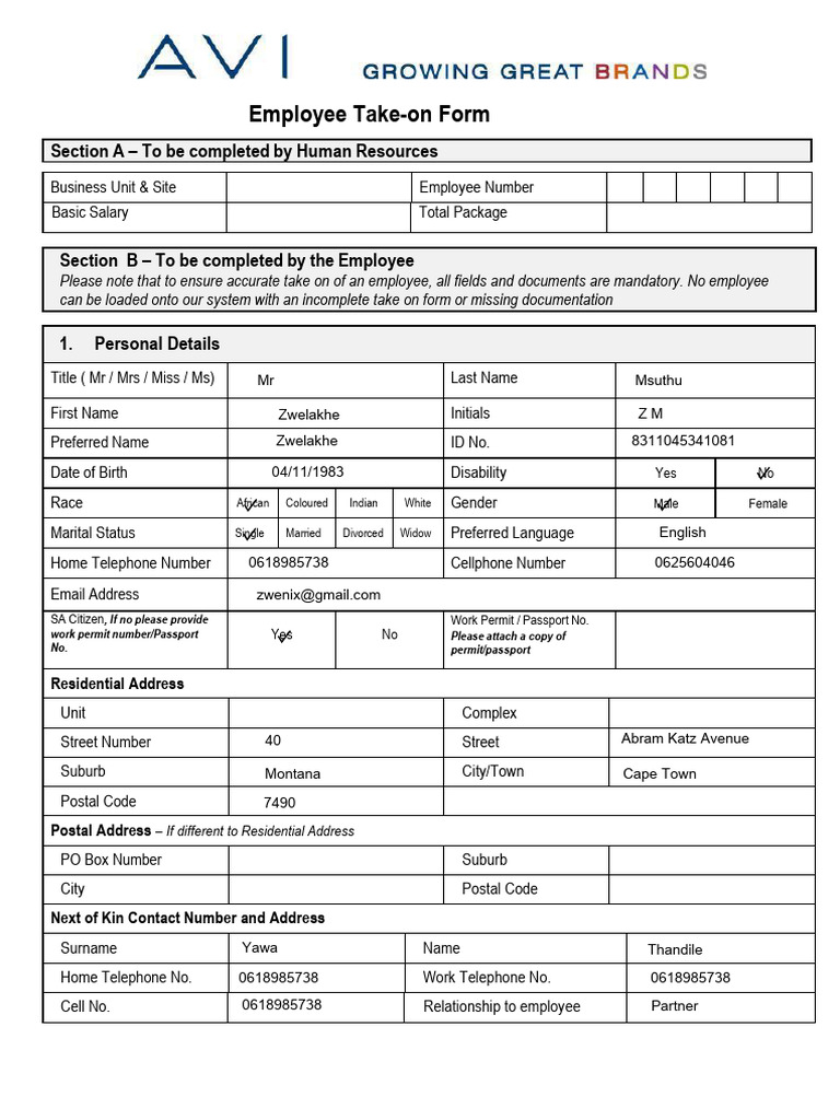 Employee Take-On Form (AVI - New) | Download Free PDF | Pension | Salary