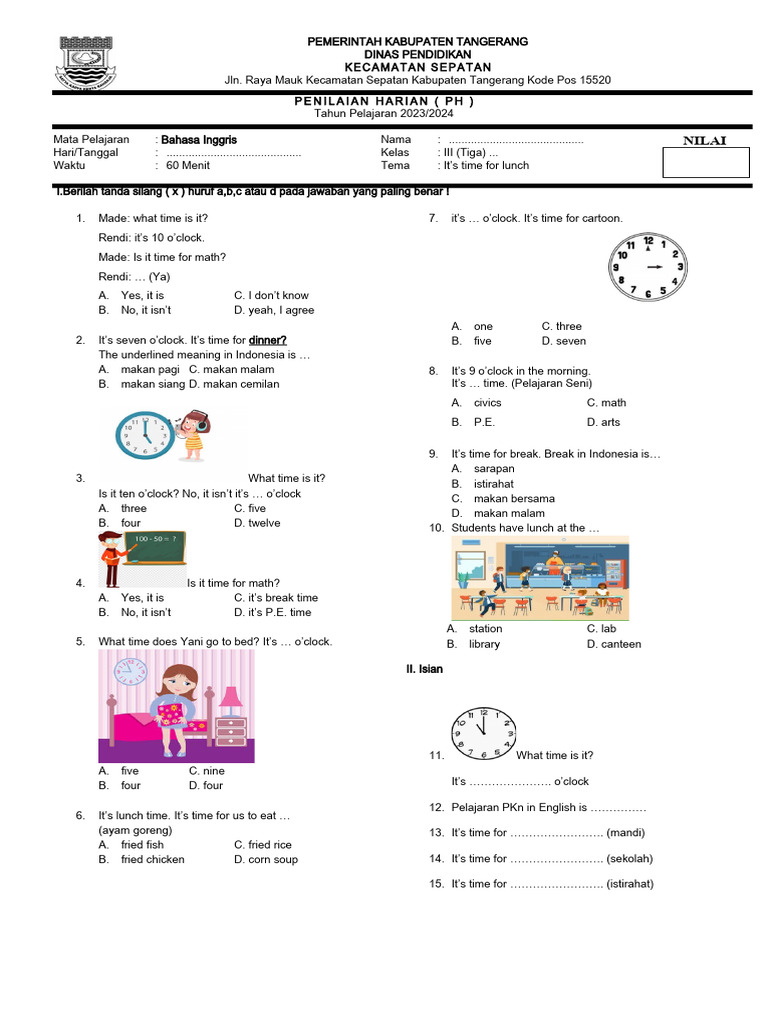 Soal Unit 3 Bahasa Inggris k13 Is It Time For Lunch Kls 3 | PDF