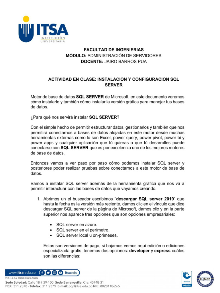Actividad Instalacion Configuracion SQL Server | PDF | Servidor SQL de Microsoft | SQL