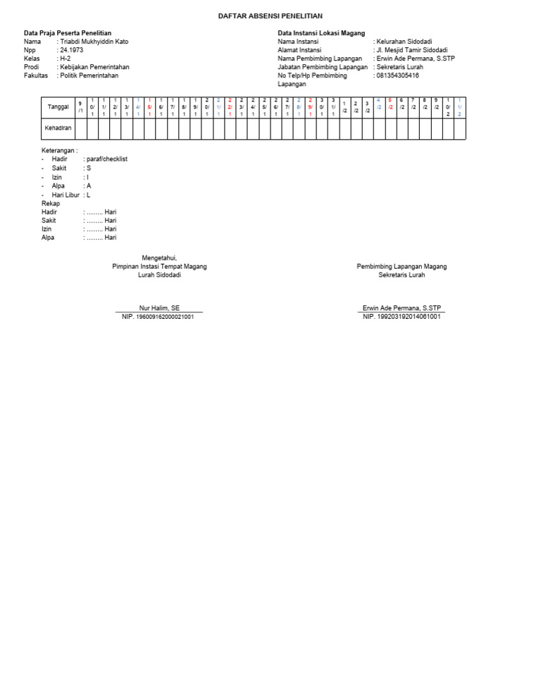 Daftar Absensi Penelitian Magang | PDF