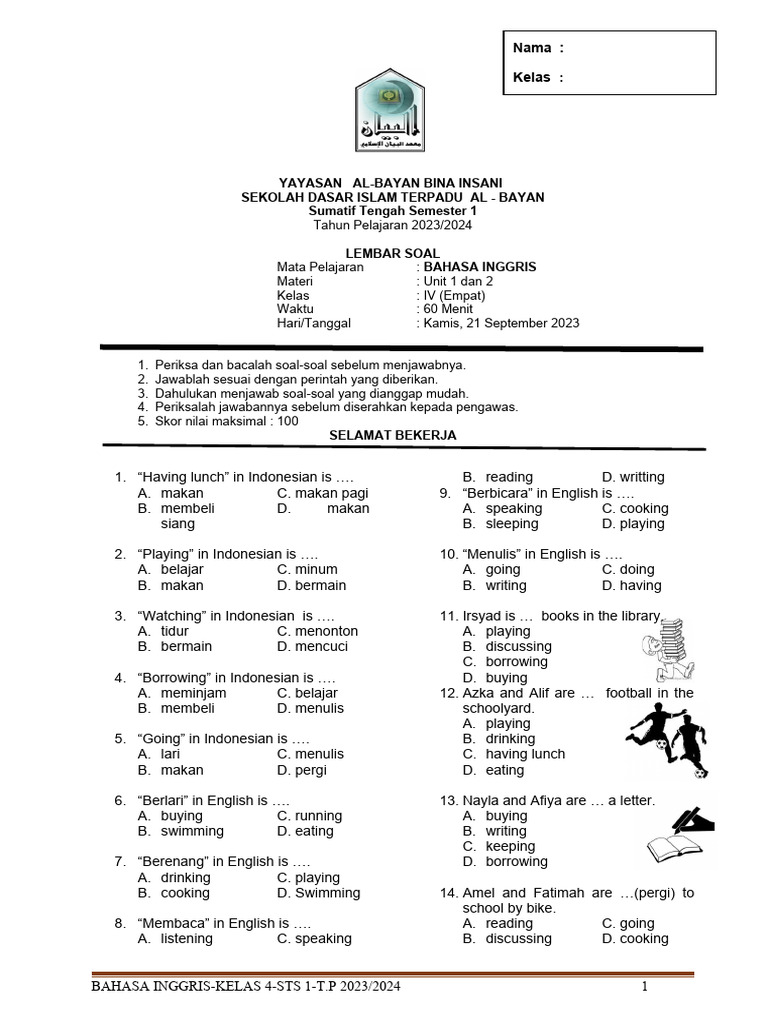 Soal B.ing STS 1 Kelas 4 TP.23-24 | PDF