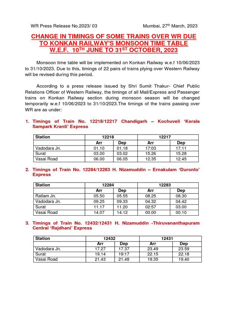 1679913442679-Konkan Railway Monsoon Time - Table 2023 | PDF | Delhi ...