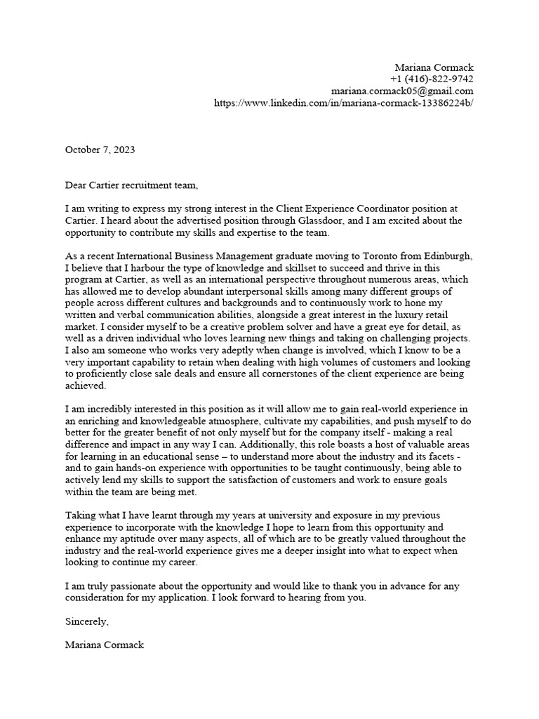 Mariana Cormack Cartier Cover Latter | PDF | Behavior Modification ...