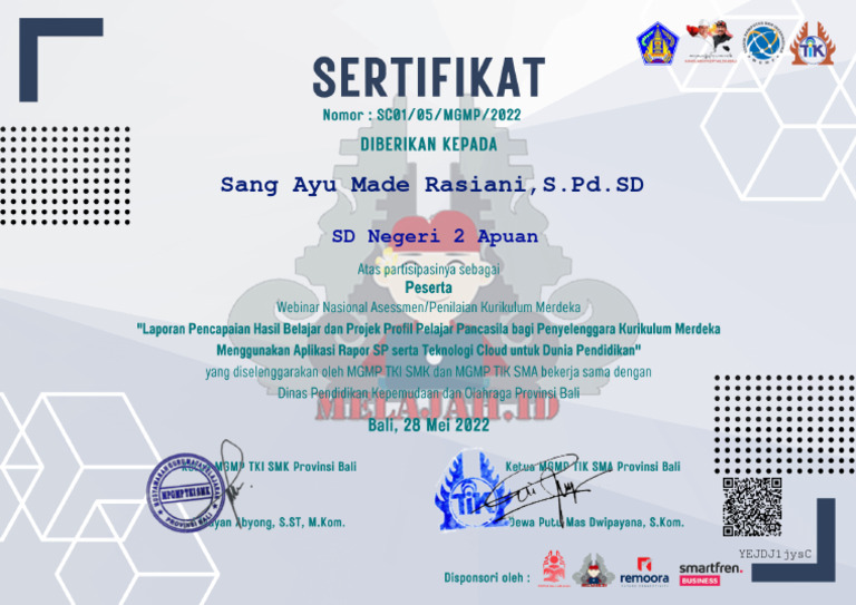 Sertifikat Webinar Nasional AsesmenPenilaian Kurikulum Merdeka | PDF