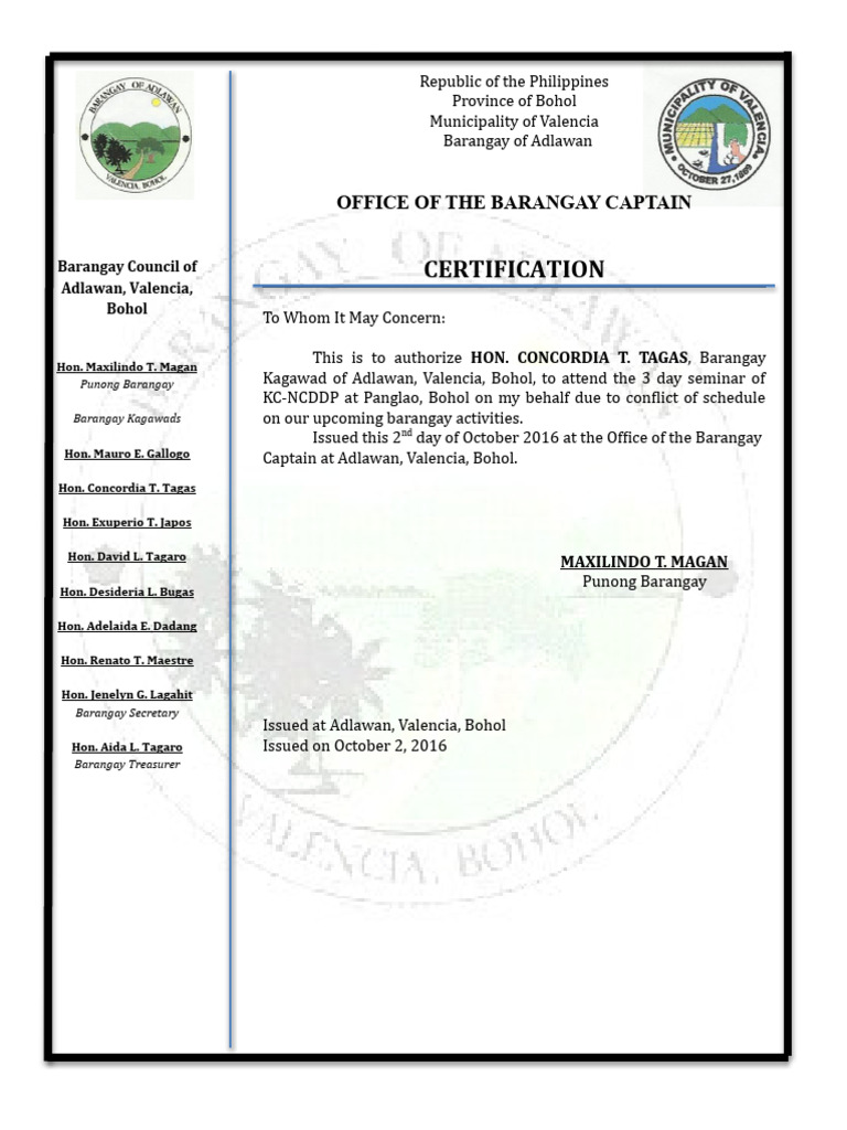 BARANGAY CERTIFICATION Blank Authorization | PDF