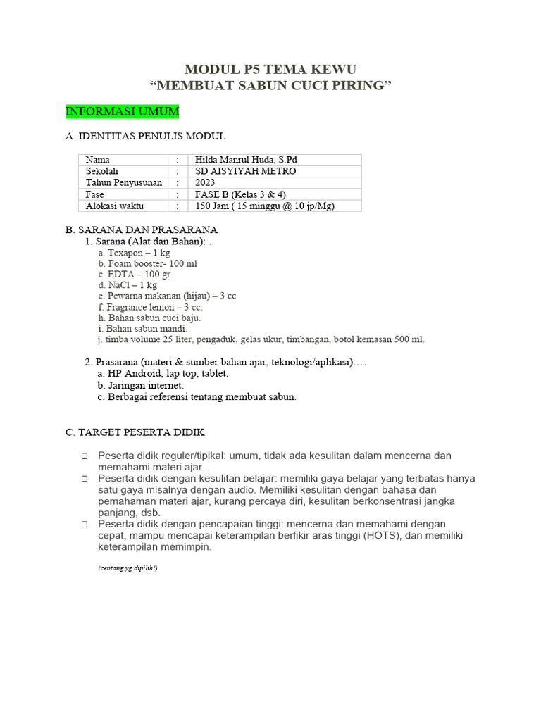 Draft Modul Projek KWU Sabun Cuci | PDF | Karier & Perkembangan