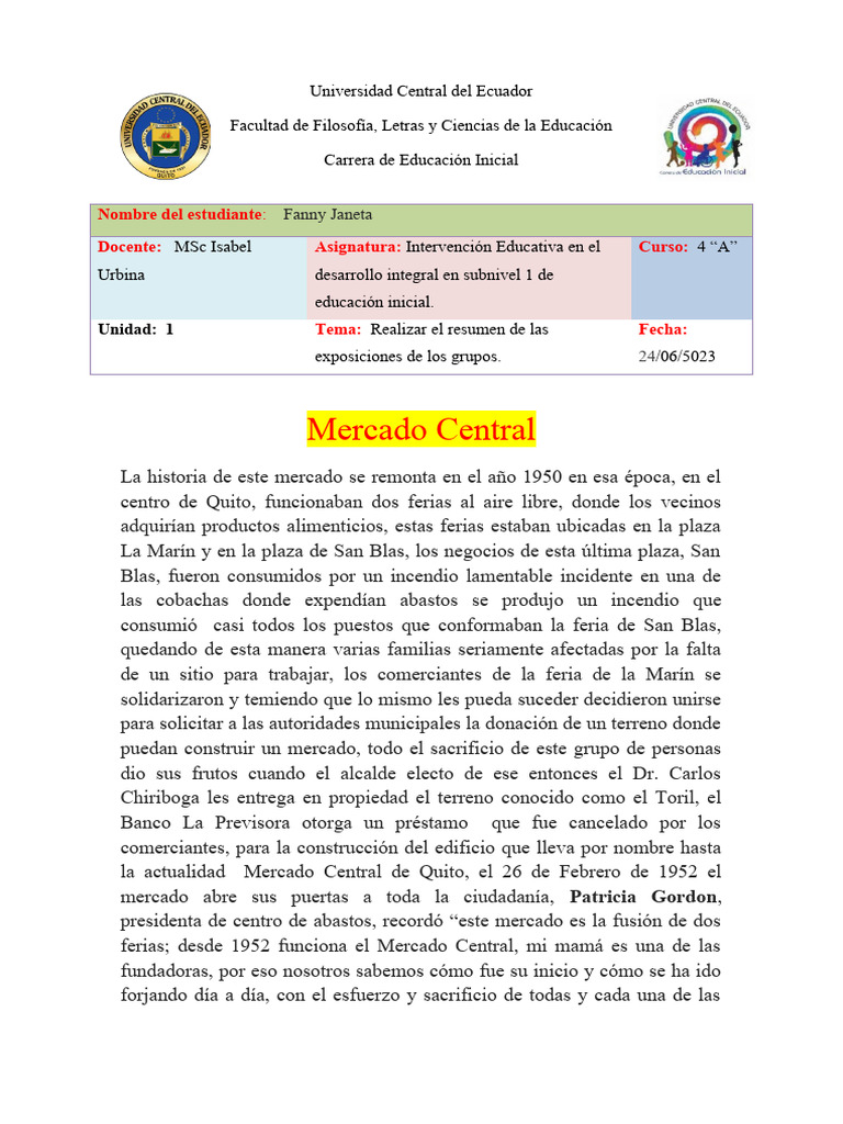 Resumen Del Mercado Central JANETA FANNY | PDF | Ecuador | Alimentos