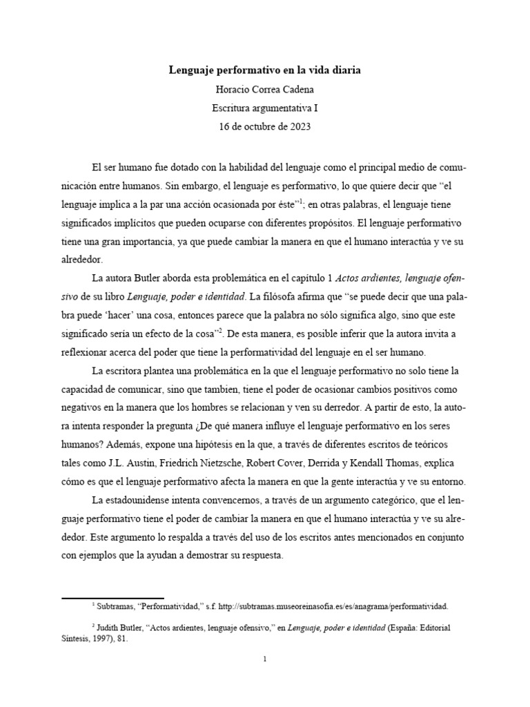 La Performatividad Del Lenguaje Judith Butler | PDF | Comunicación humana