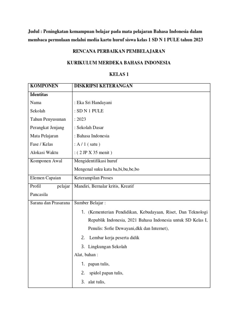 Rencana Perbaikan Pembelajaran Eka Sri Handayani 857854694 Revisi | PDF