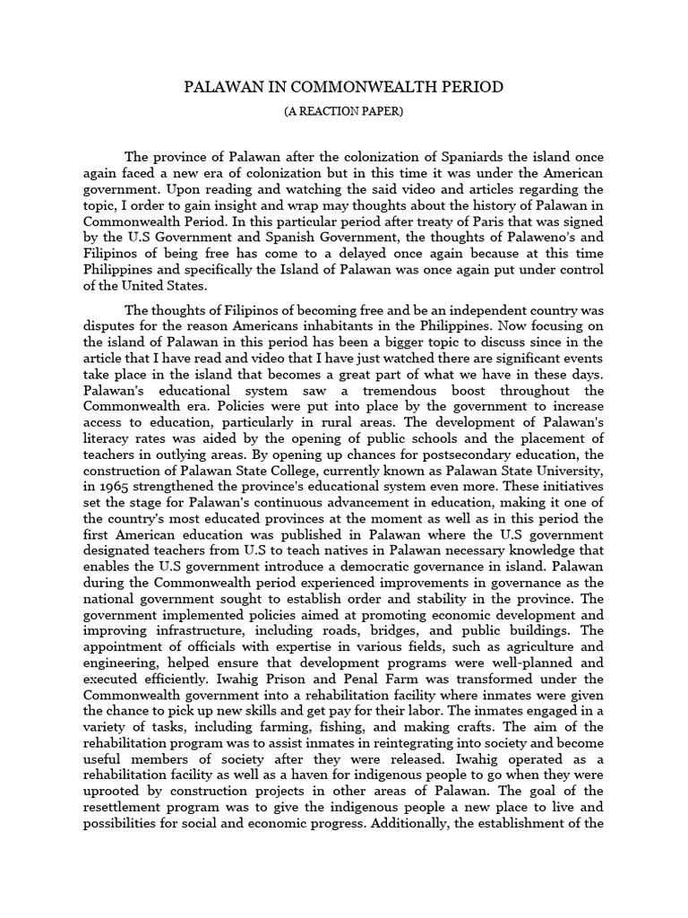 Palawan in Commonwealth Period A Reaction Paper | PDF | Philippines ...