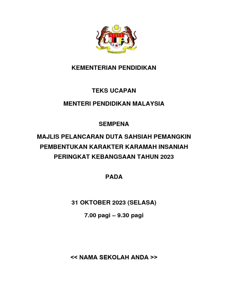 Text Ucapan KPM Program Duta Sahsiah | PDF
