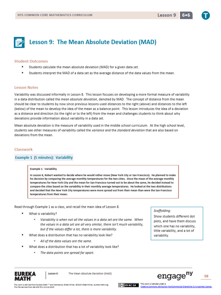 Math g6 m6 Topic B Lesson 9 Teacher | PDF | Variance | Mean