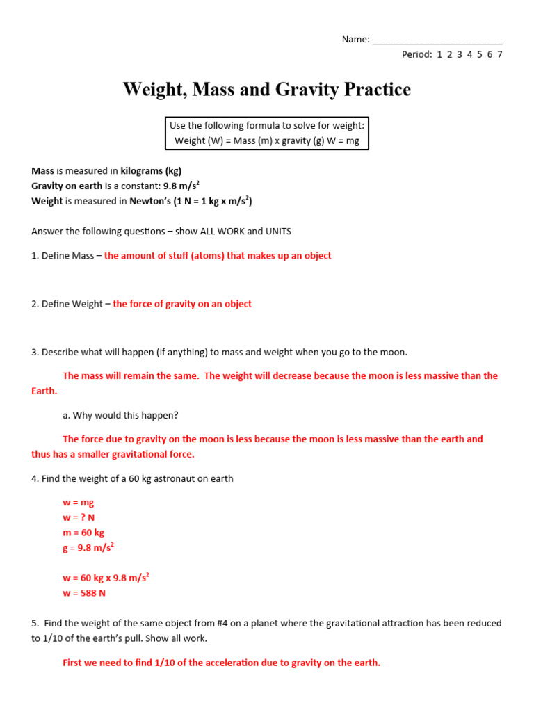 Weight And Mass Worksheet