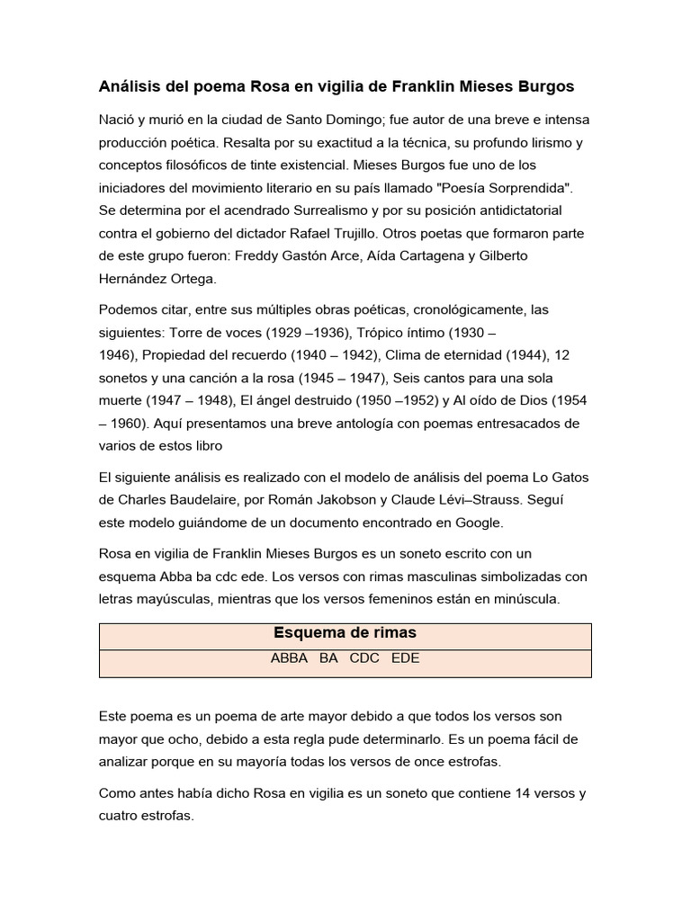 Análisis Del Poema Rosa en Vigilia de Franklin Mieses Burgos | PDF