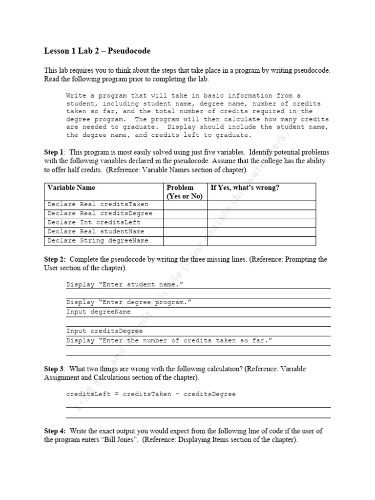 Lesson 1 Lab 2 - Pseudocode | PDF | Software Development | Computer Engineering