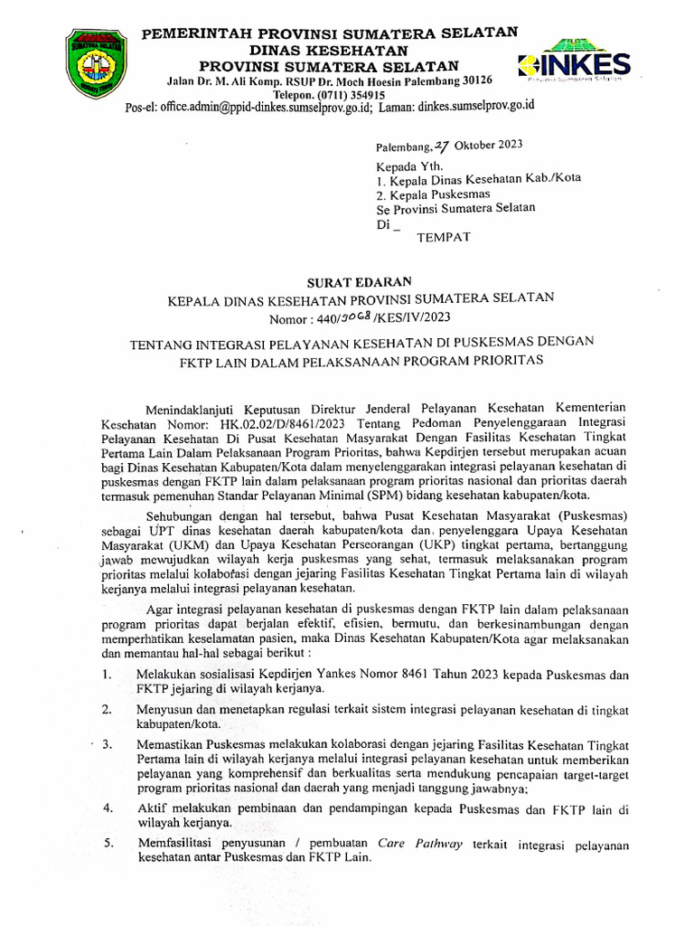 Surat Edaran Tentang Integrasi Pelayanan Kesehatan Di Puskesmas Dengan ...