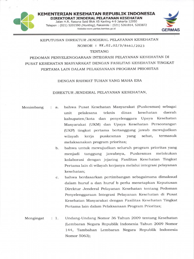 Kepdirjen 8461 Tahun 2023 Tentang Integrasi Antar FKTP | PDF