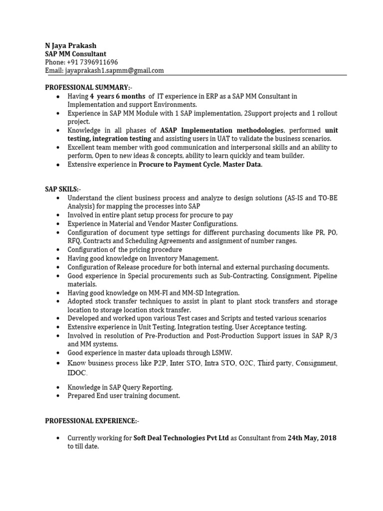 Jaya Prakash SAP MM Resume | PDF | Consultant | Enterprise Resource ...