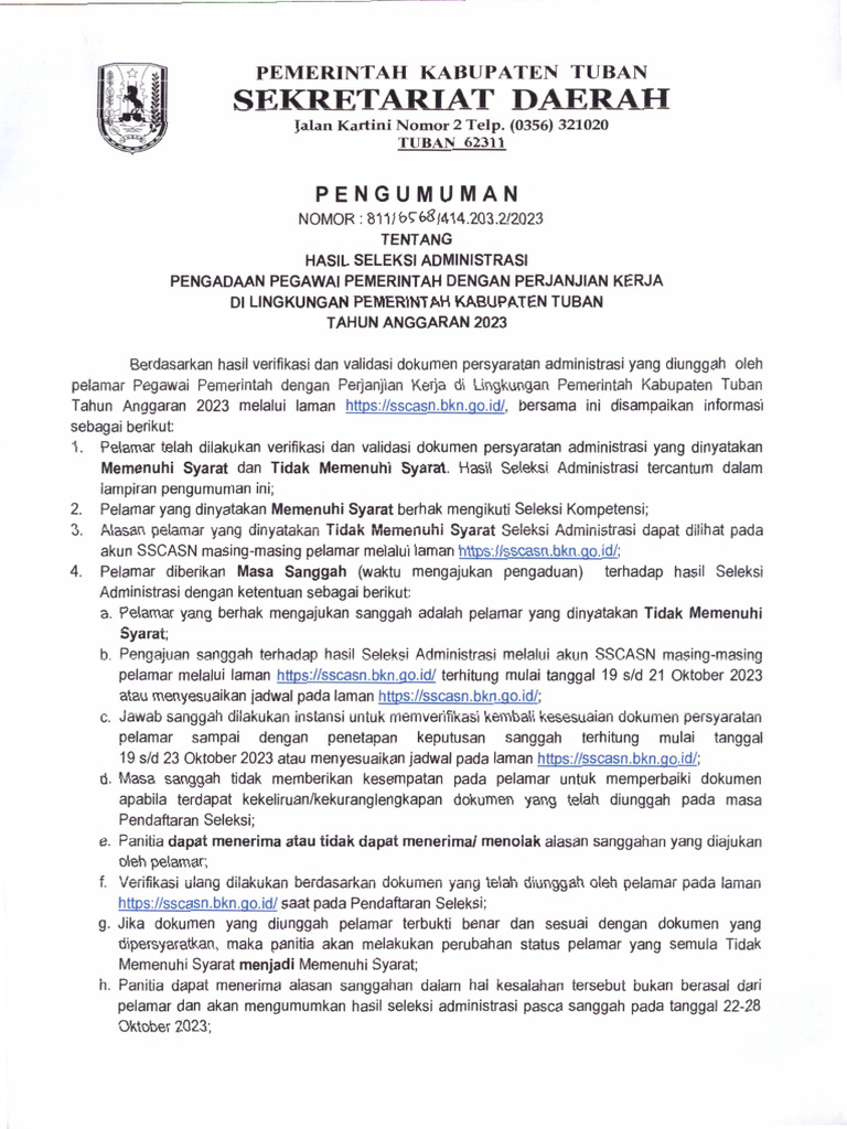 Hasil Seleksi Administrasi Penerimaan Calon Aparatur Sipil Negara Pegawai Pemerintah Dengan ...