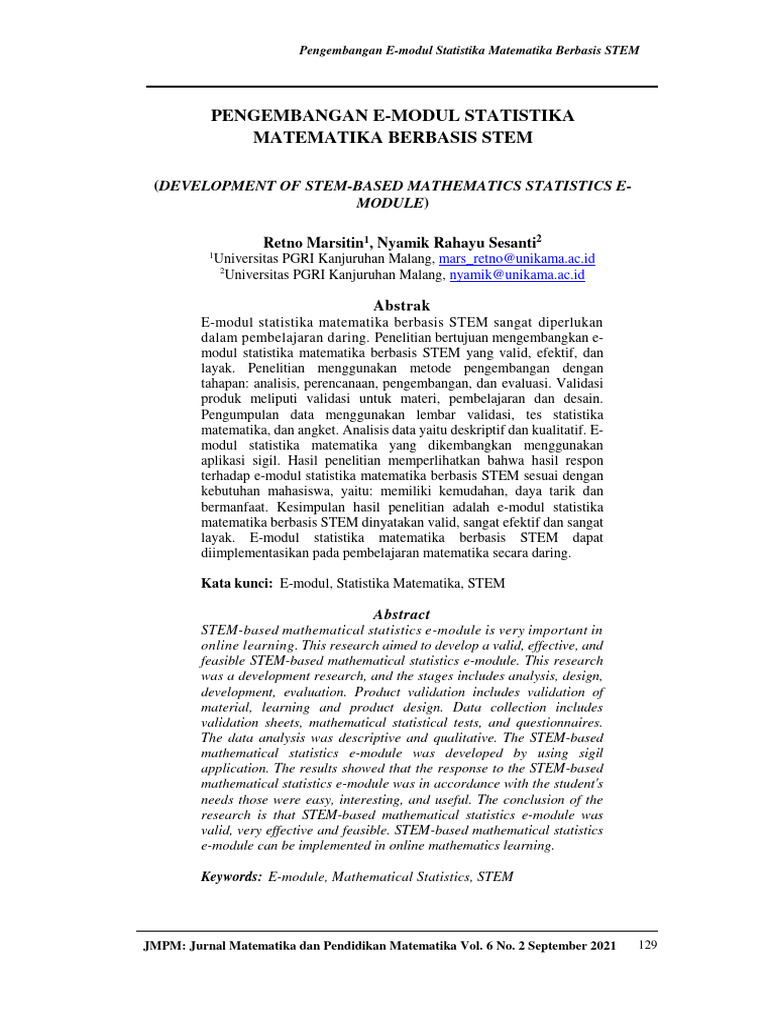 Tafsila, Journal Manager, PENGEMBANGAN E-MODUL STATISTIKA MATEMATIKA BERBASIS STEM - Retno ...