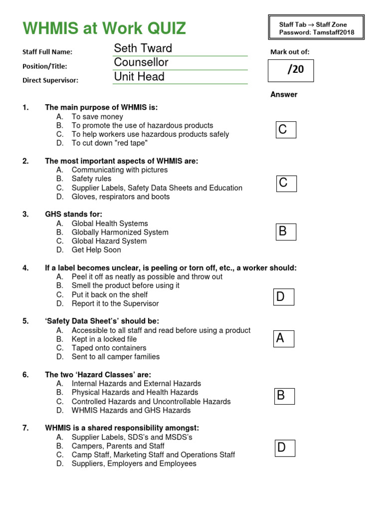 WHMIS Quiz - TAMlogin | PDF | Hazards | Labor Relations