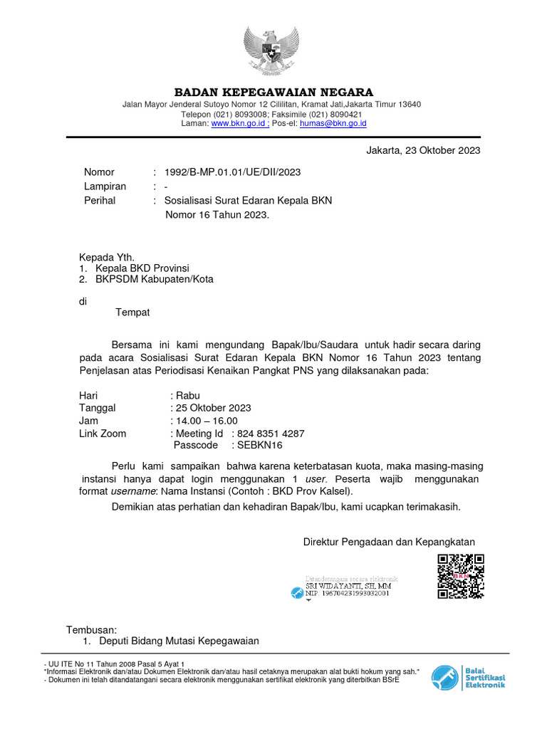 Undangan Sosialisasi Surat Edaran BKN Nomor 16 Tahun 2023 Untuk Instansi Daerah-1 | PDF