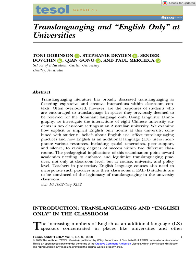 TESOL Quarterly - 2023 - Dobinson - Translanguaging and English Only at ...
