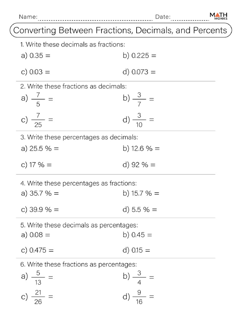 Fractions Decimals and Percents Worksheets 7th Grade | PDF
