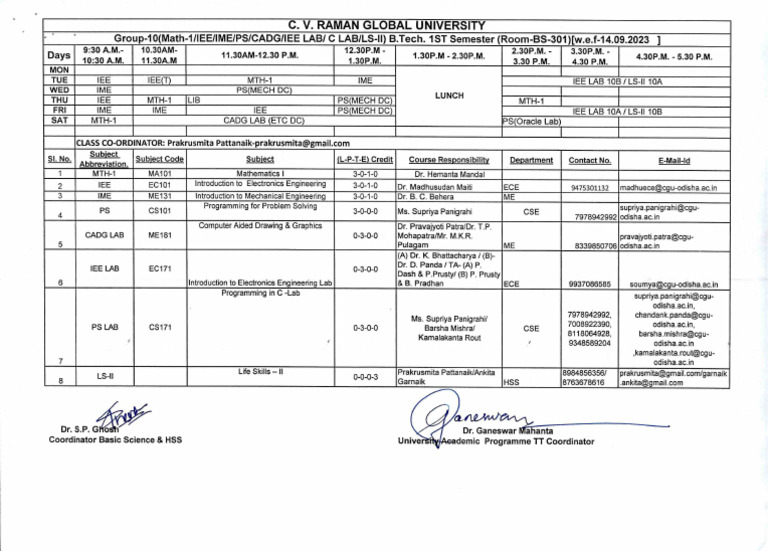 Time Table 1ST Semester B.tech | PDF