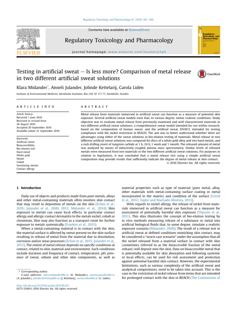 Metal Release in Artificial Sweat Solutions | PDF | Ph | Metals