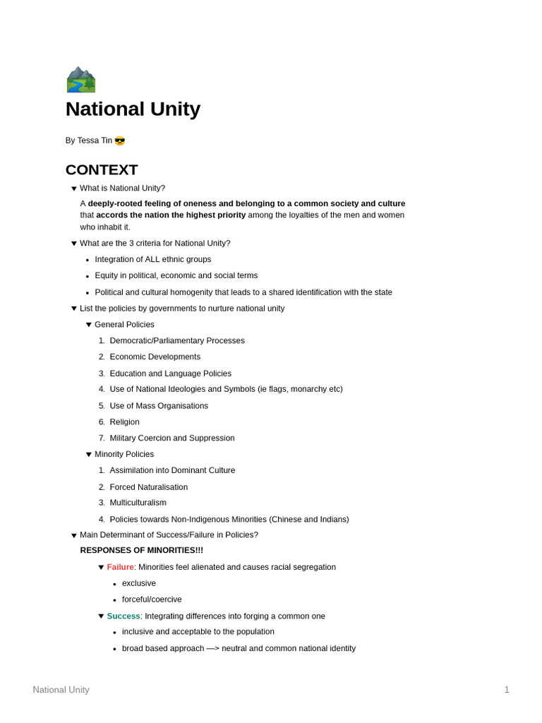 H2 History National Unity Notes | PDF | Multiculturalism | Nationalism