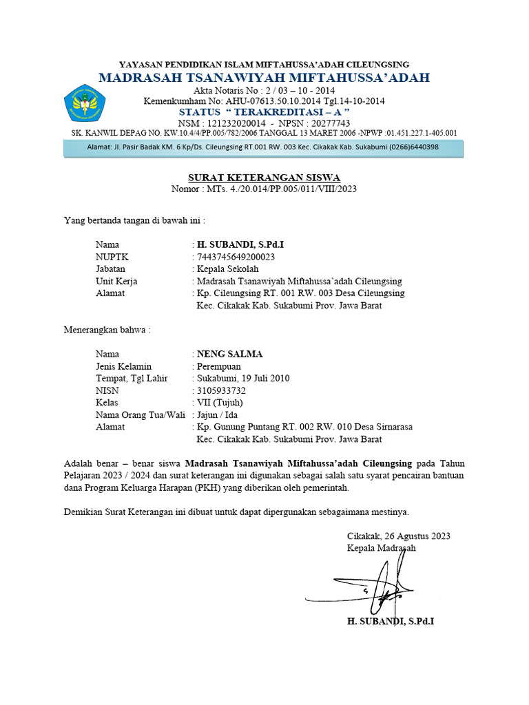 Surat Keterangan PKH Terbaru | PDF