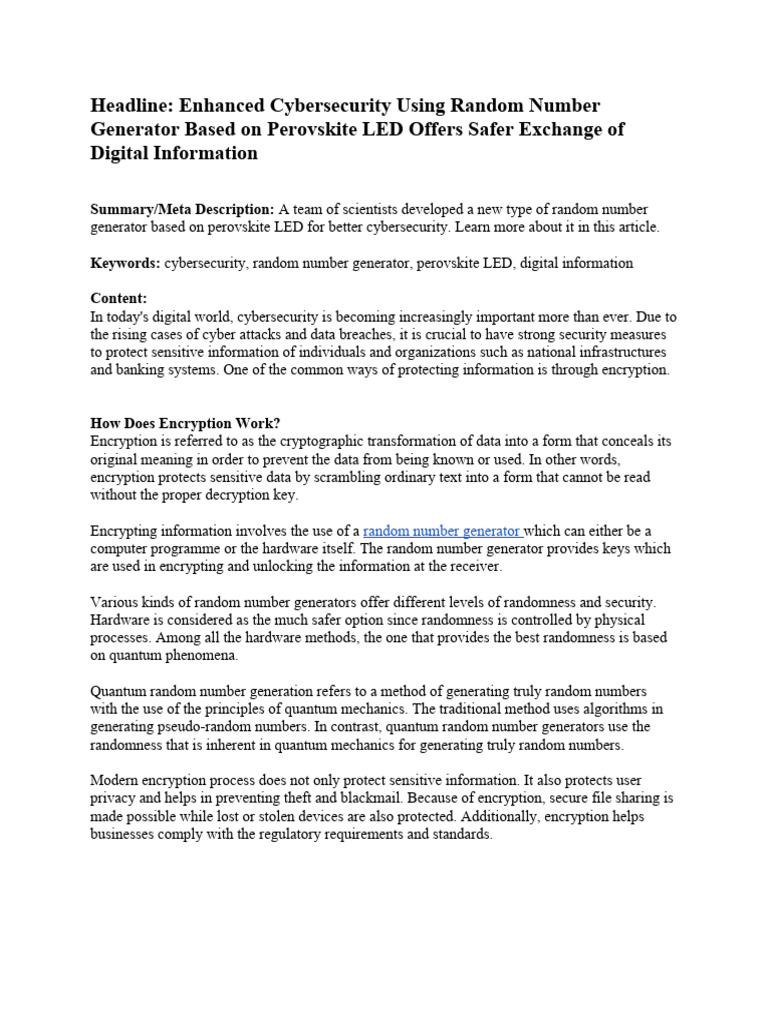 Enhanced Cybersecurity Using Random Number Generator Based On ...
