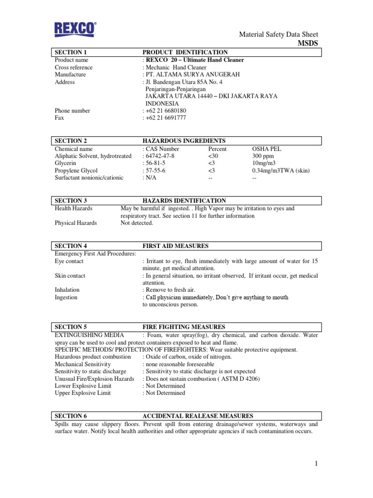 Rexco 20 MSDS - Cleaned | PDF | Pollution | Physical Sciences