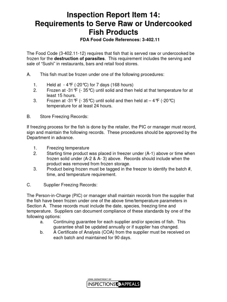 14 Parasite Destruction Requirements | PDF | Tuna | Freezing