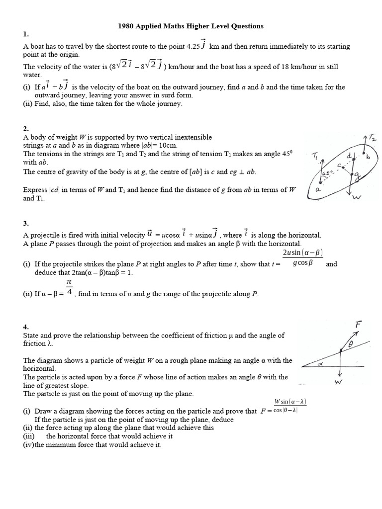 1980 Applied Maths Higher Level Questions 1.: gcosβ | PDF | Force ...