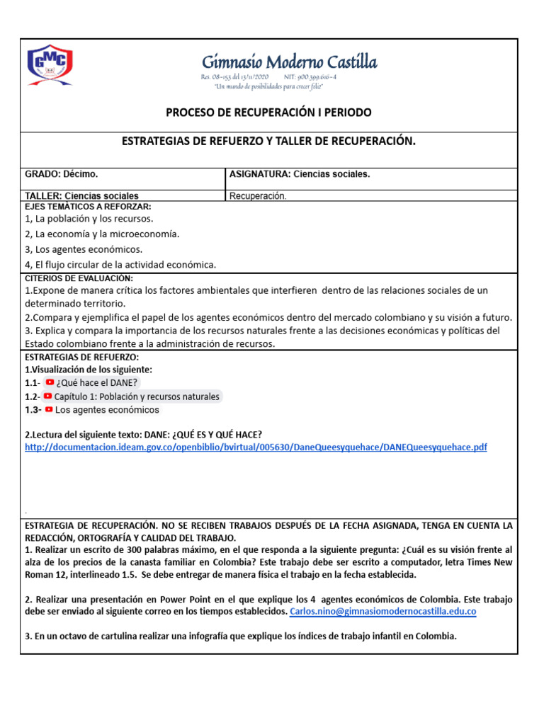 Taller de Recuperaci N 10 Sociales | PDF | Colombia | Ciencias económicas