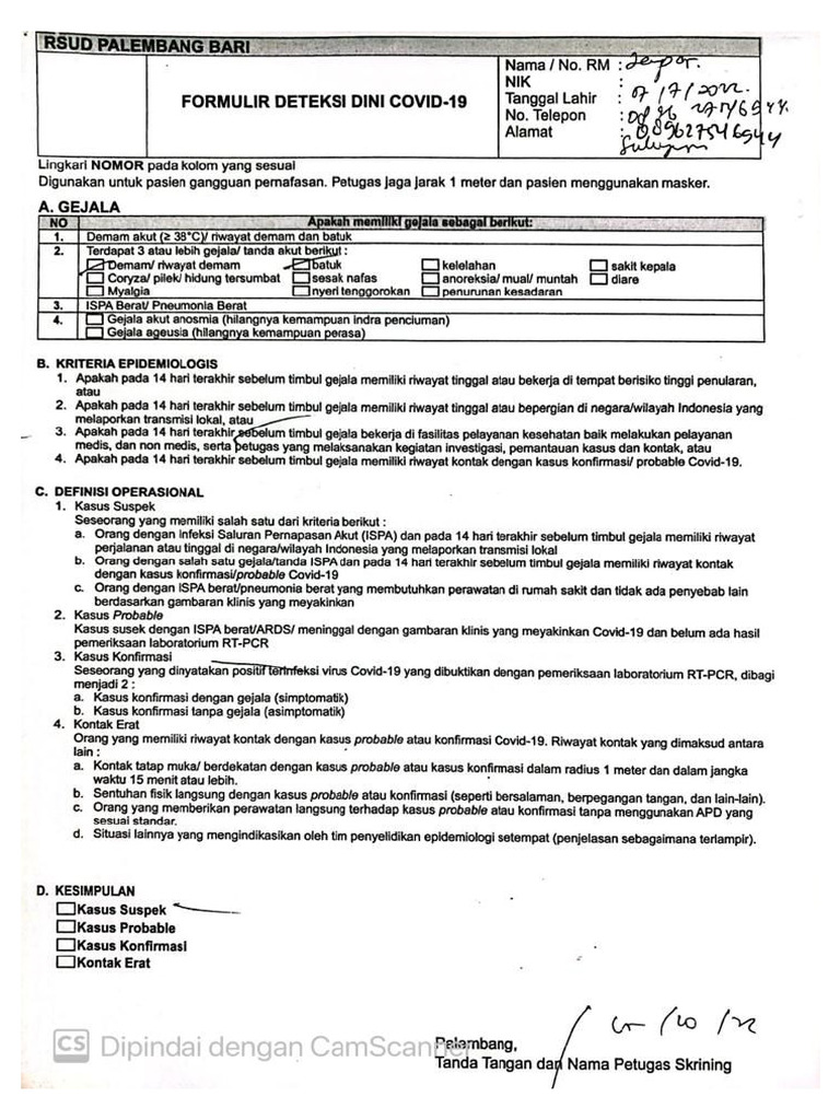 AKP 1.2.B.2 Formulir Deteksi Dini Covid 19 | PDF