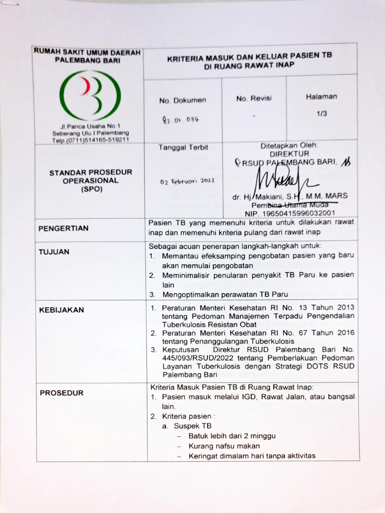 AKP 1.2.B.6 SPO Kriteria Masuk Keluar Ruang Rawat TB | PDF