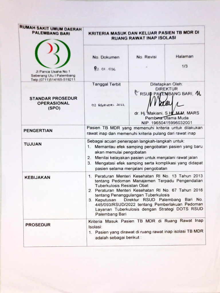 AKP 1.2.B.5 SPO Kriteria Keluar Masuk Ruang Isolasi TBMDR | PDF