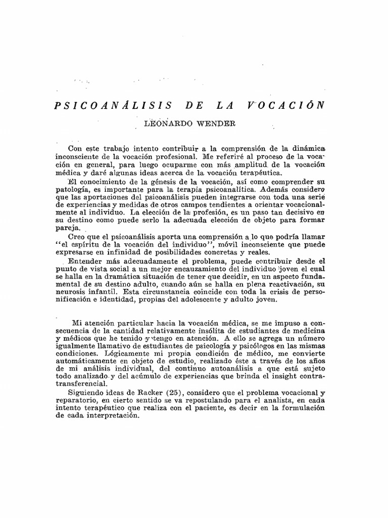 Wedner L. Psicoanalisis de La Vocacion | PDF | Psicoanálisis | Mente