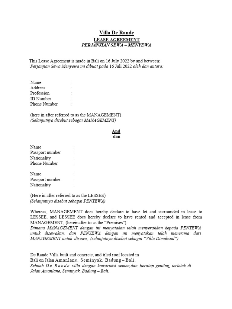 Popy's Villa Lease Agreement | PDF